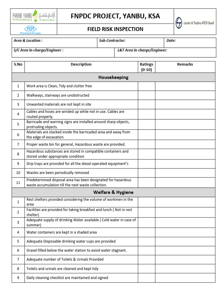 FRI (Housekeeping, Hygiene, Welfare & Environment) | PDF