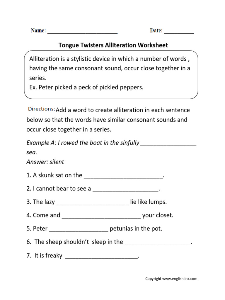 Tongue Twister Alliteration Worksheet | PDF