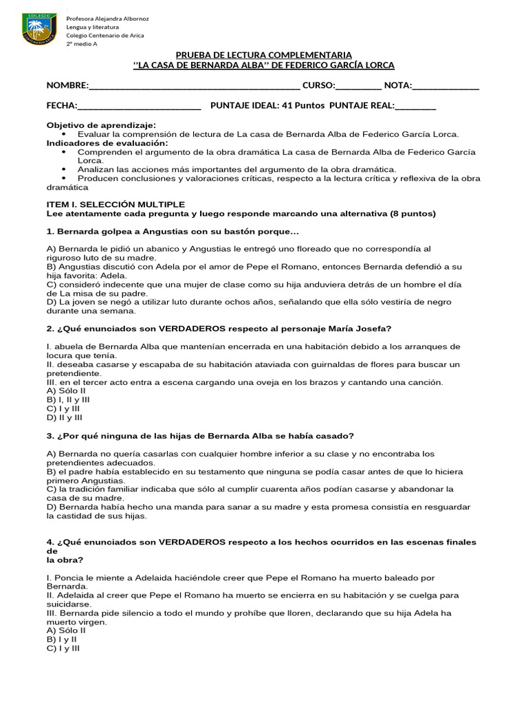 La Casa de Bernarda Alba Prueba | PDF