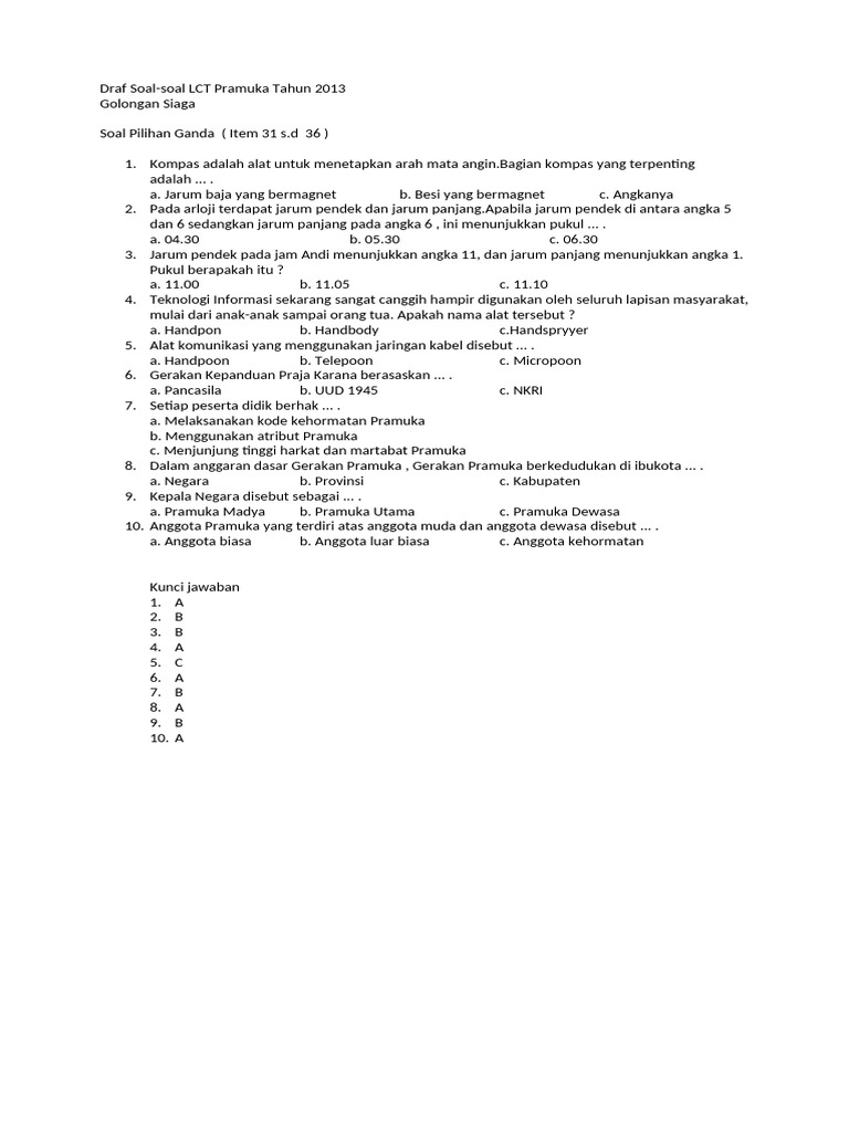 Soal-Soal LCT Pramuka Tahun 2013 Siaga | PDF