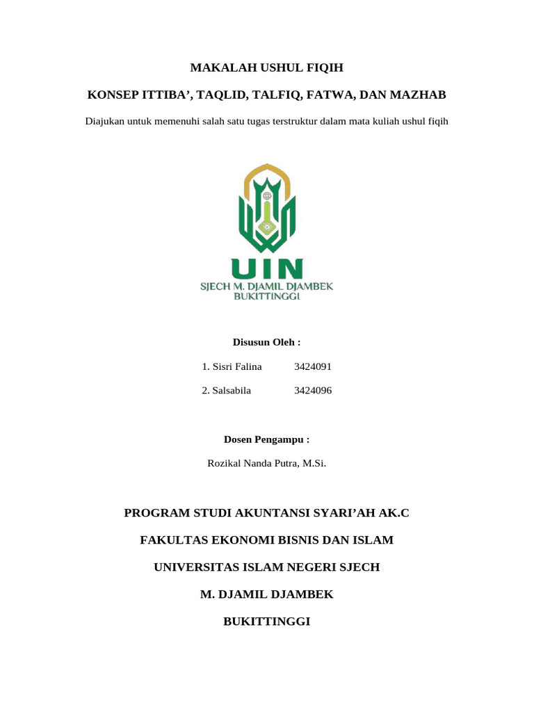 Makalah Ushul Fiqih Konsep Ittiba', Taqlid, Talfiq, Fatwa, Dan Mazhab | PDF