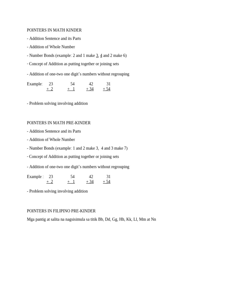 POINTERS in MATH Kinder Pre Kinder and Filipino Pre K | PDF
