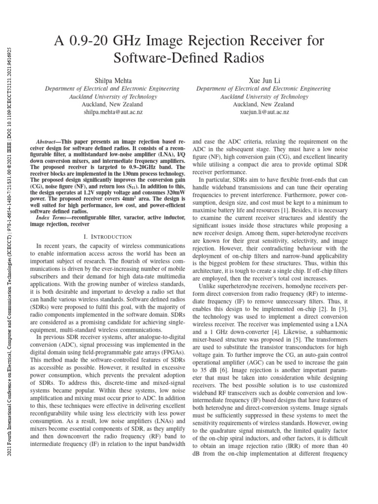A 0.9-20 GHZ Image Rejection Receiver For Software-Defined Radios | PDF