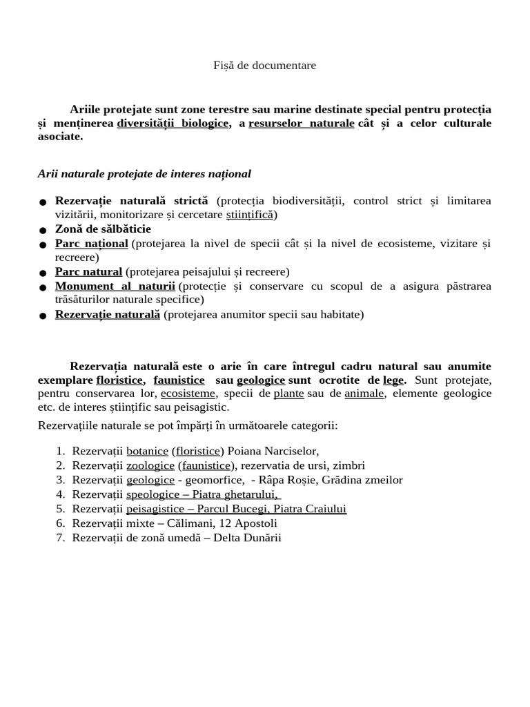 Fișă de Documentare - Arii Protejate | PDF