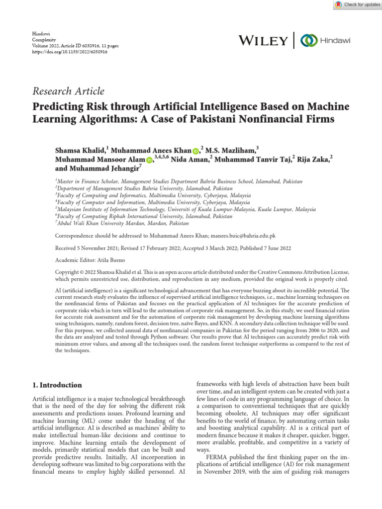 Complexity - 2022 - Khalid - Predicting Risk Through Artificial Intelligence Based On Machine ...