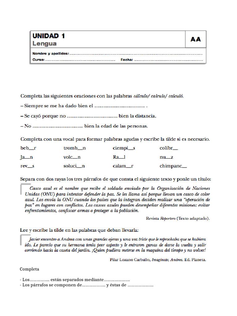 Examen Lengua 6º Anaya Ud1 | PDF