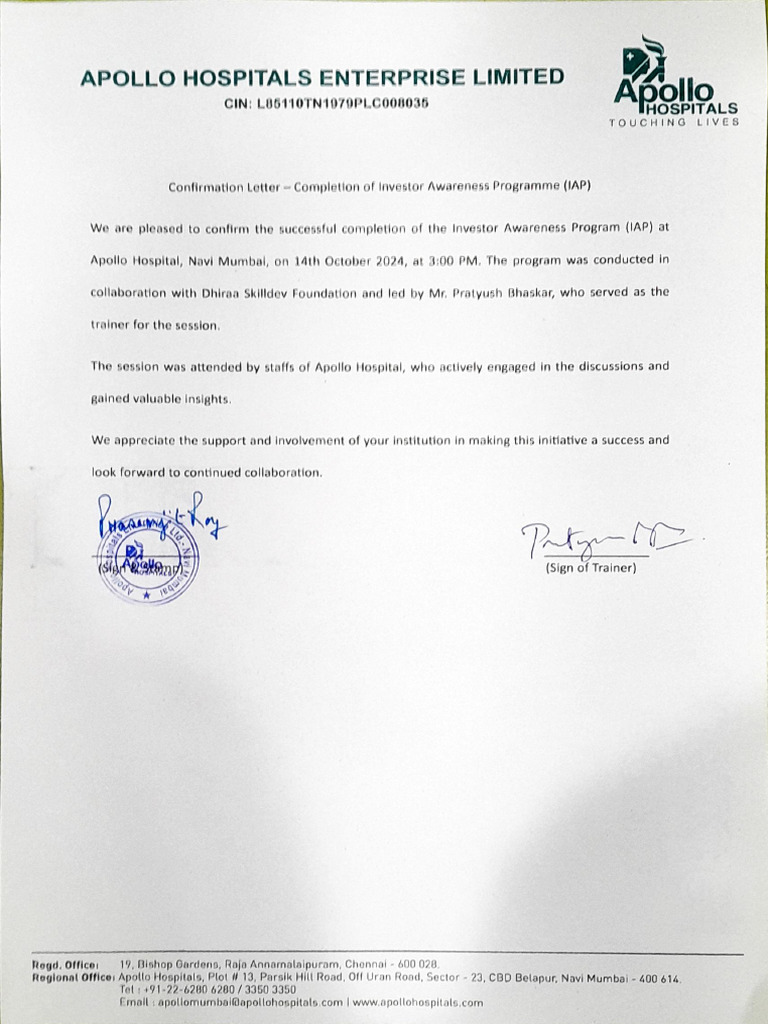 Confirmation Letterapollo Hospital NSDL Session Date - 14-10-2024 ...