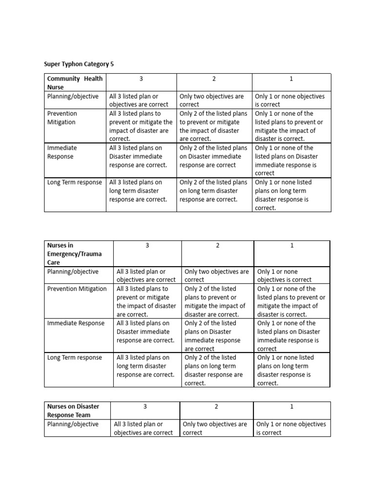 Role of Nurse in Disaster Management Rubric | PDF