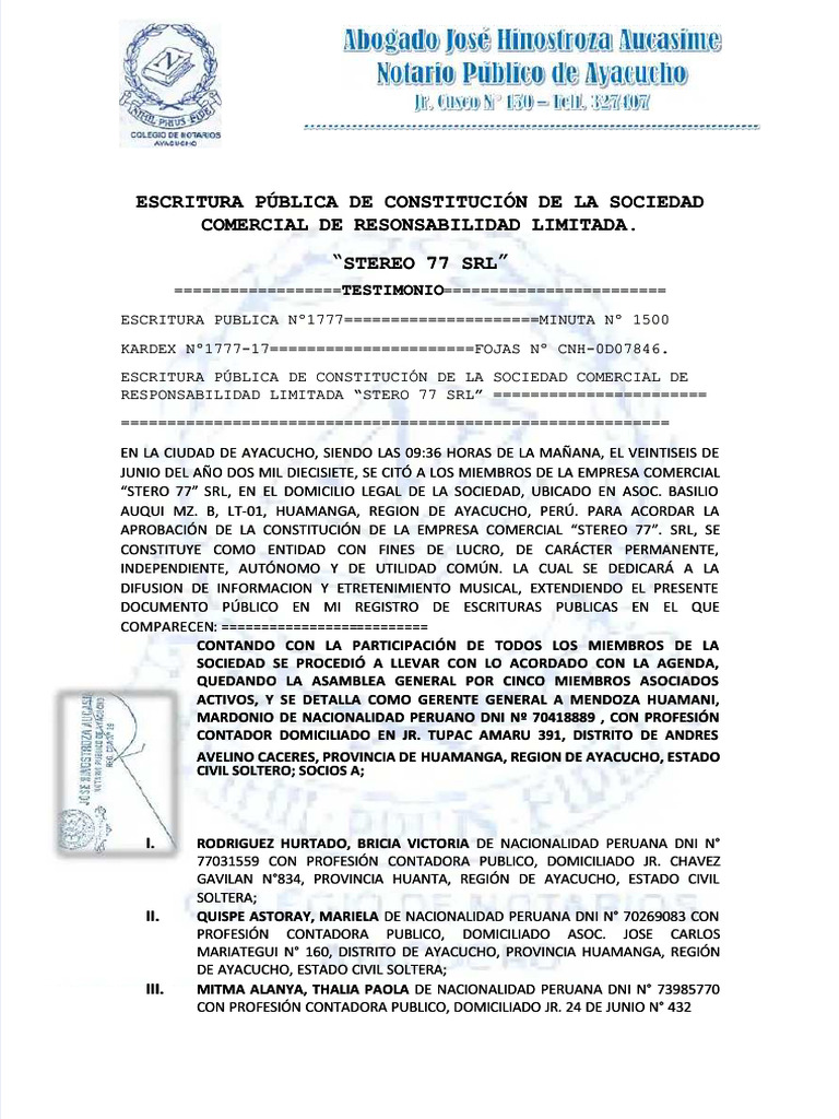 PDF Escritura Publica de Constitucion de La Sociedad Anonima Cerrada Radi - Compress | PDF