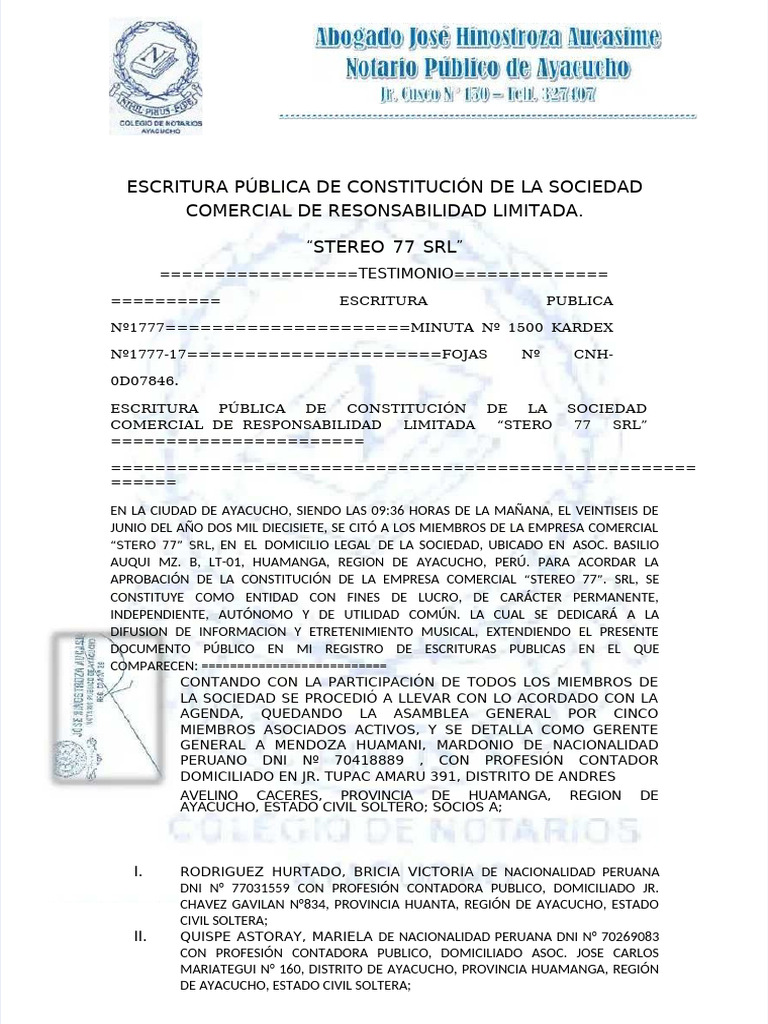 PDF Escritura Publica de Constitucion de La Sociedad Anonima Cerrada Radi - Compress | PDF