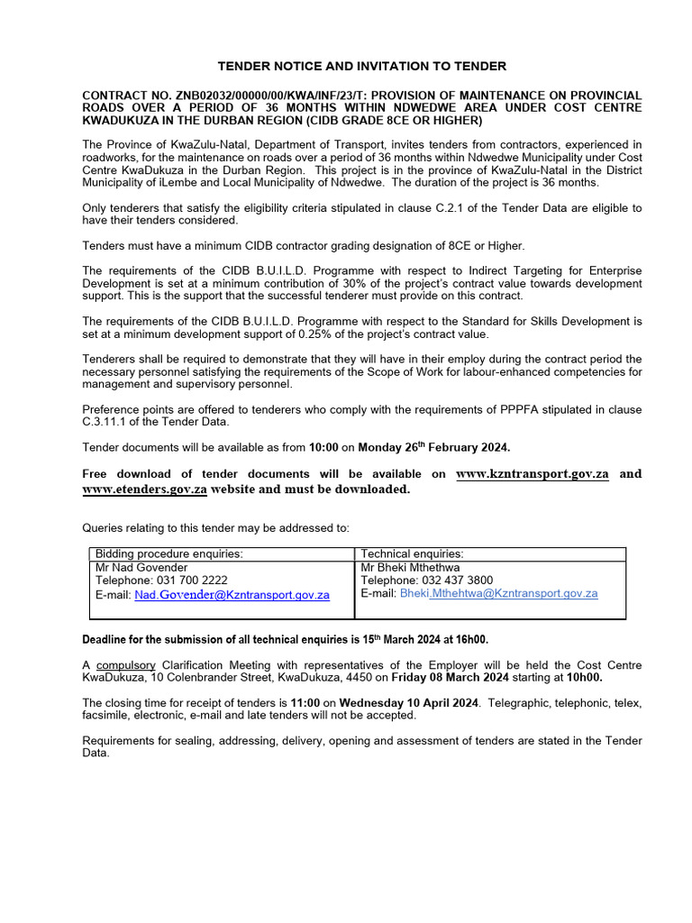 Tender Notice and Invitation To Tender ZNB02032 00000 00 KWA INF 23 T | PDF