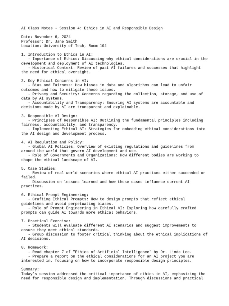 AI Class Notes Session 4 Ethics in AI and Responsible Design | PDF ...