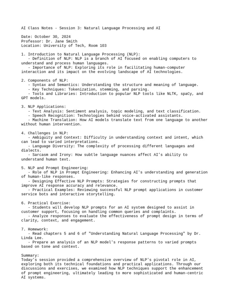 AI Class Notes Session 3 Natural Language Processing and AI | PDF ...