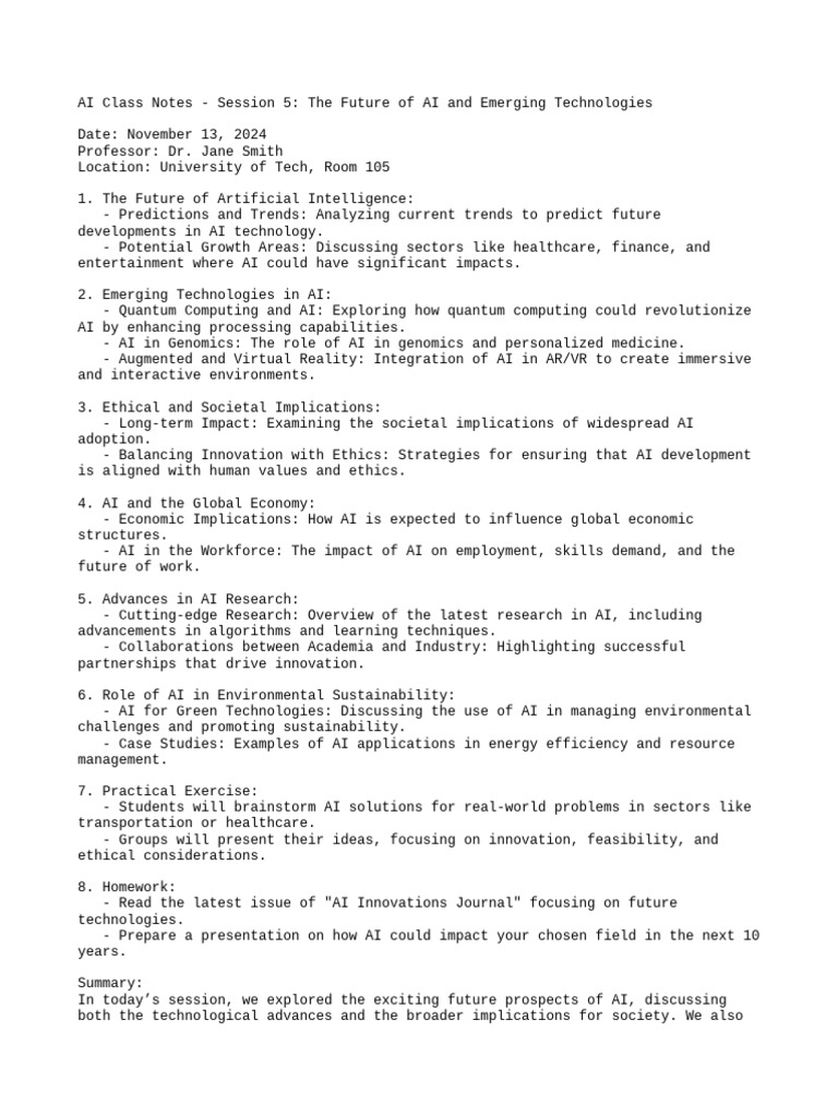 AI Class Notes Session 5 The Future of AI and Emerging Technologies ...
