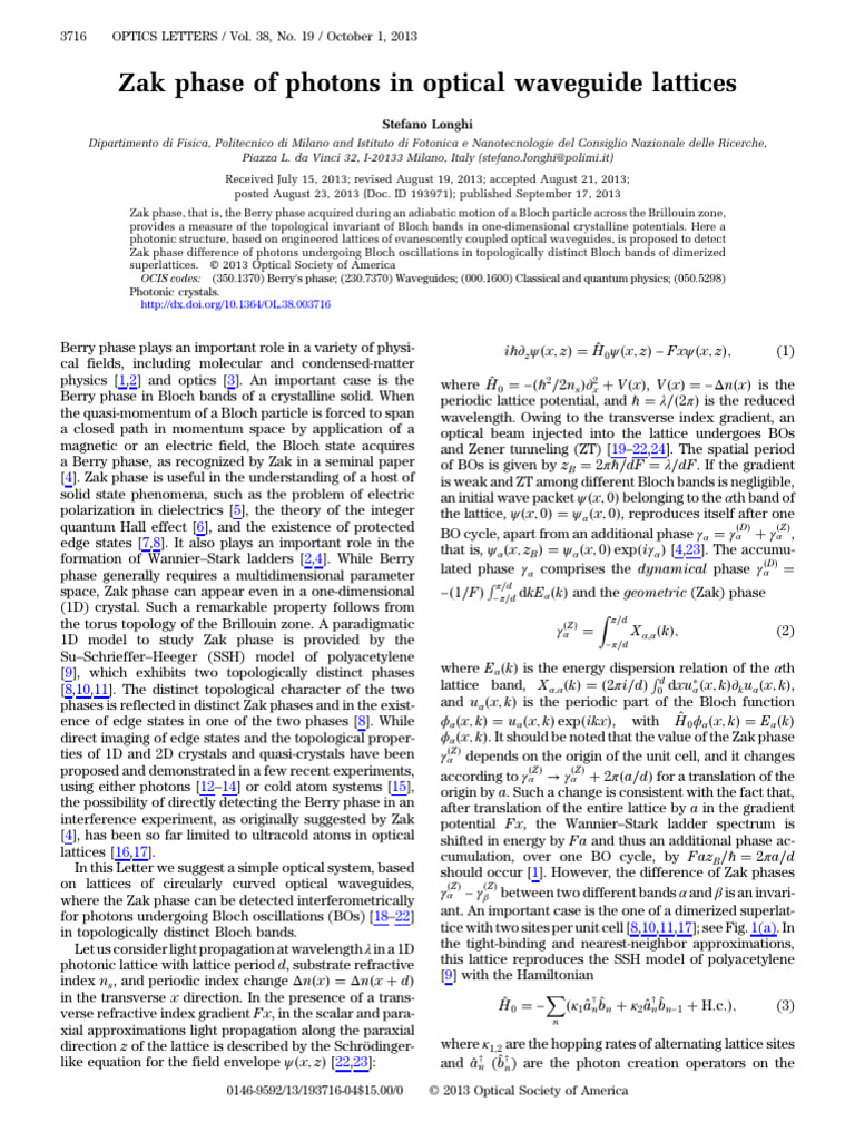 Zak Phase of Photons in Optical Waveguide Lattices | PDF