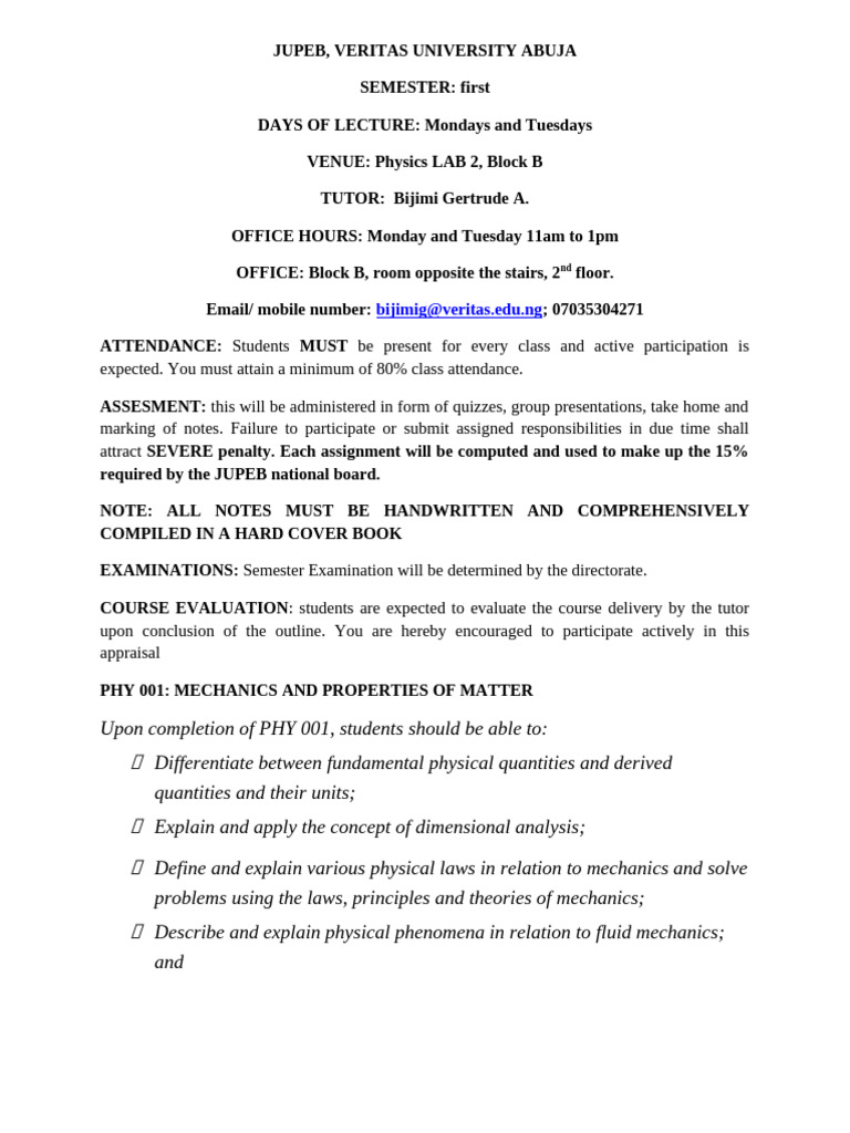 PHY 001 SYLLABUS | PDF