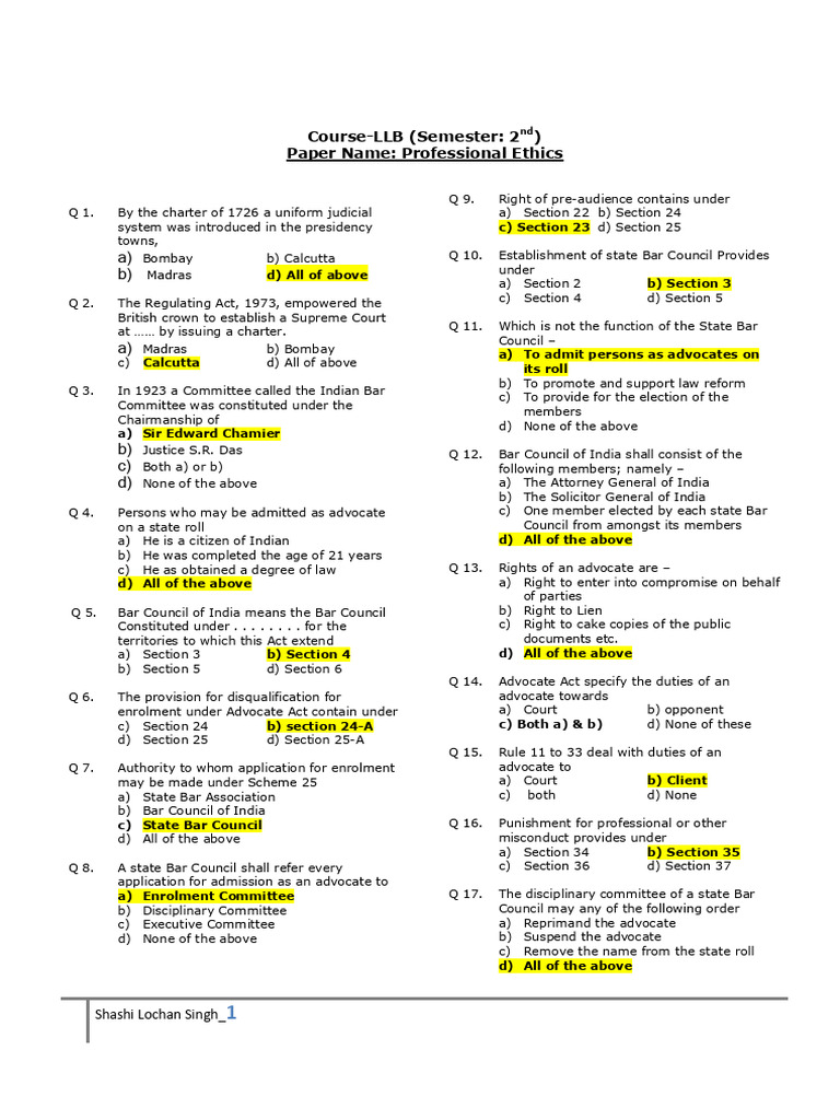 Professional Ethics MCQ | PDF | Advocate | Contempt Of Court