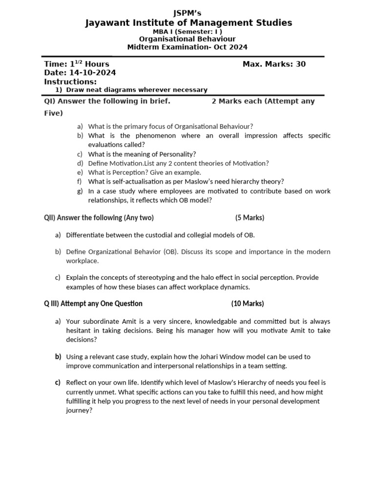 OB Midterm Exam Paper Oct 2024 | PDF