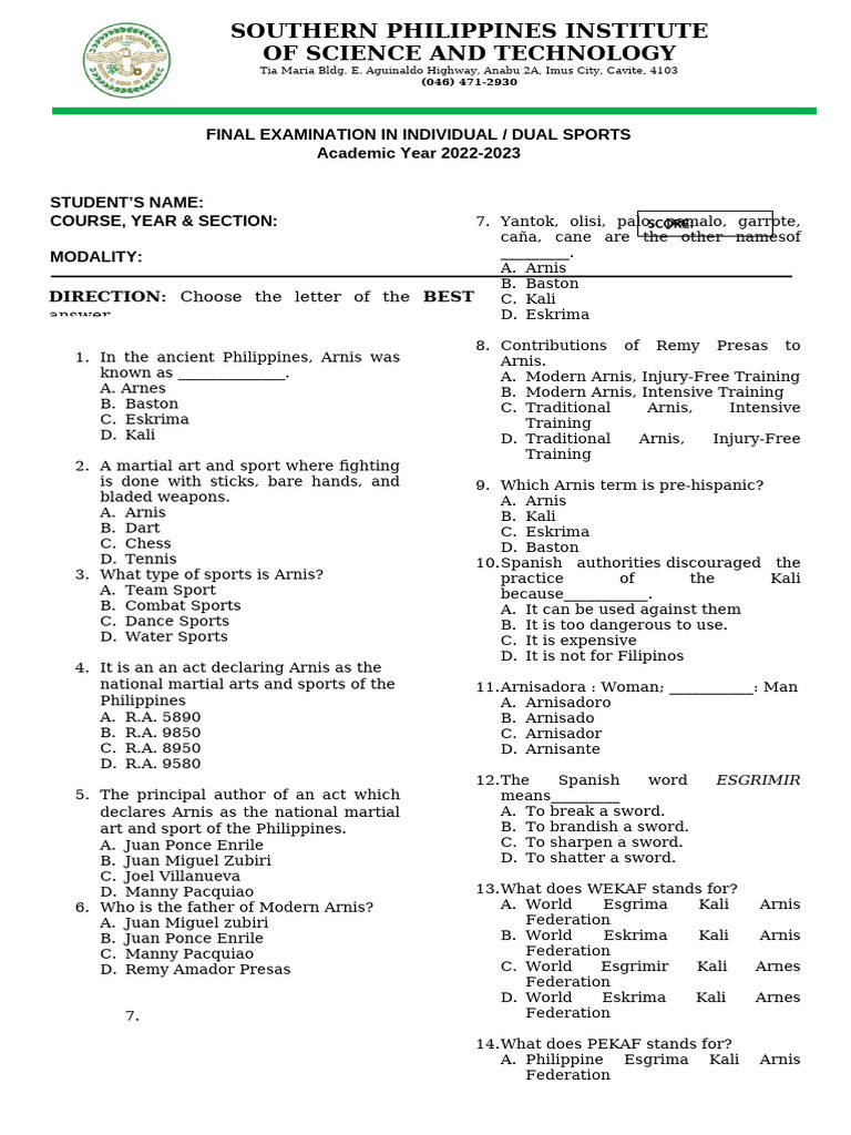 Final Examination in Individual Dual Sports | PDF