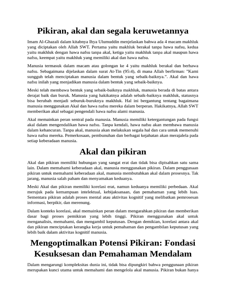 Pikiran, Akal Dan Segala Keruwetannya, Stock Untuk LPW | PDF