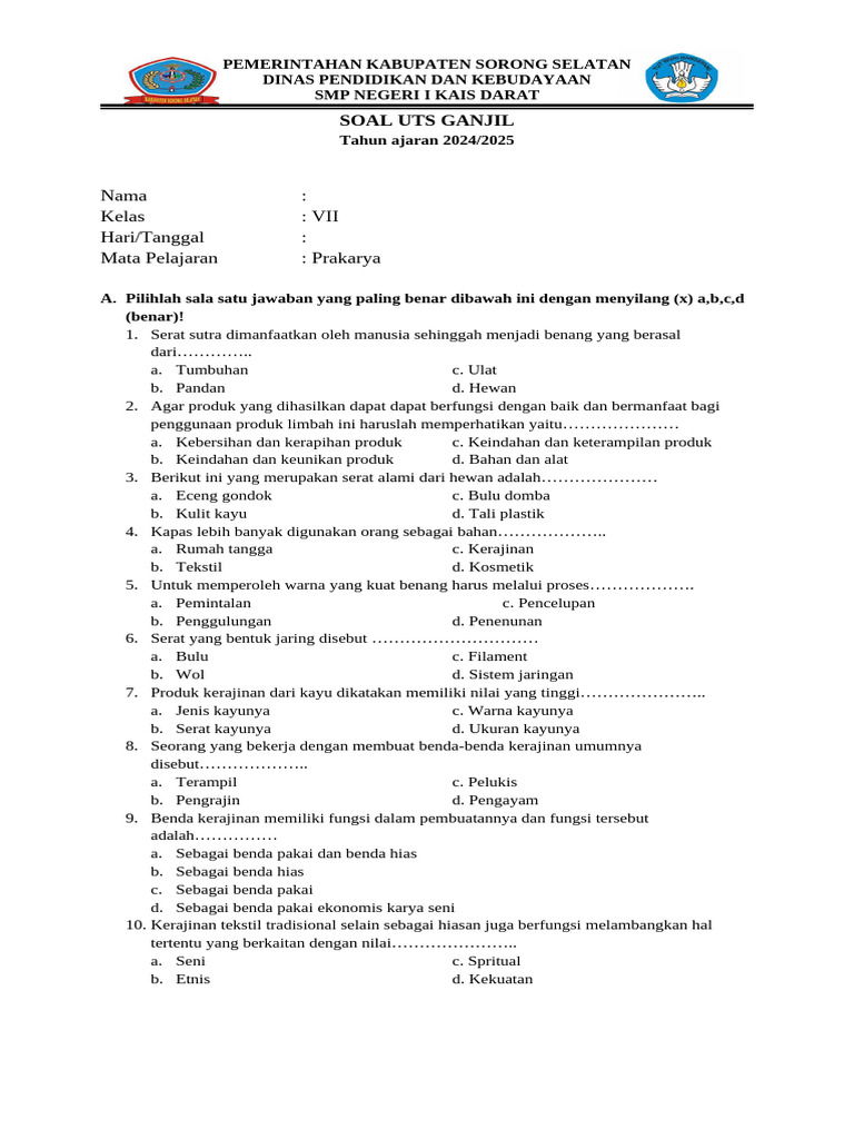 Soal Prakarya Ganjil | PDF