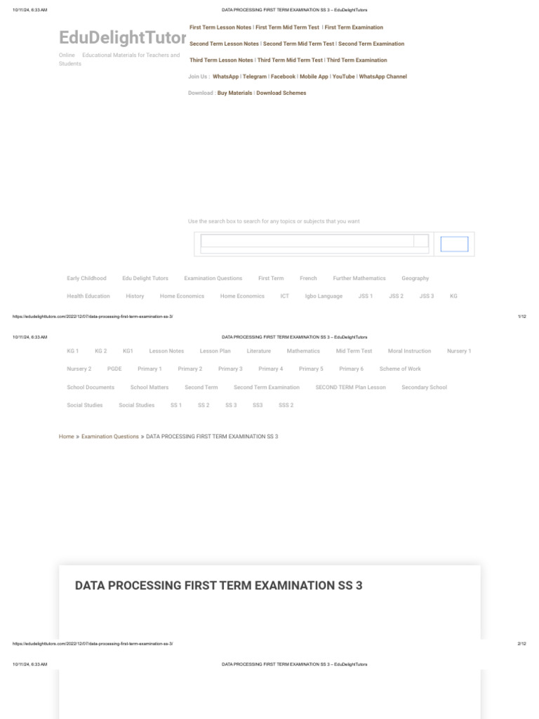 DATA PROCESSING FIRST TERM EXAMINATION SS 3 - EduDelightTutors | PDF