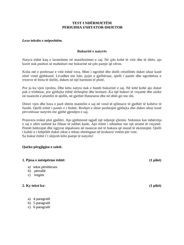 Gjuhë Shqipe 4 Test I Ndermjetem I Pdf