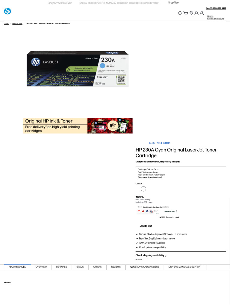HP 230A Cyan Original LaserJet Toner Cartridge - (W2301A) - Shop HP ...
