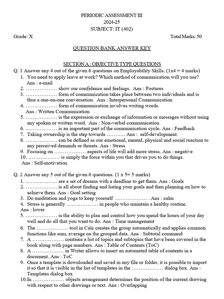 Grade X Question Bank Answer Sheet It | PDF