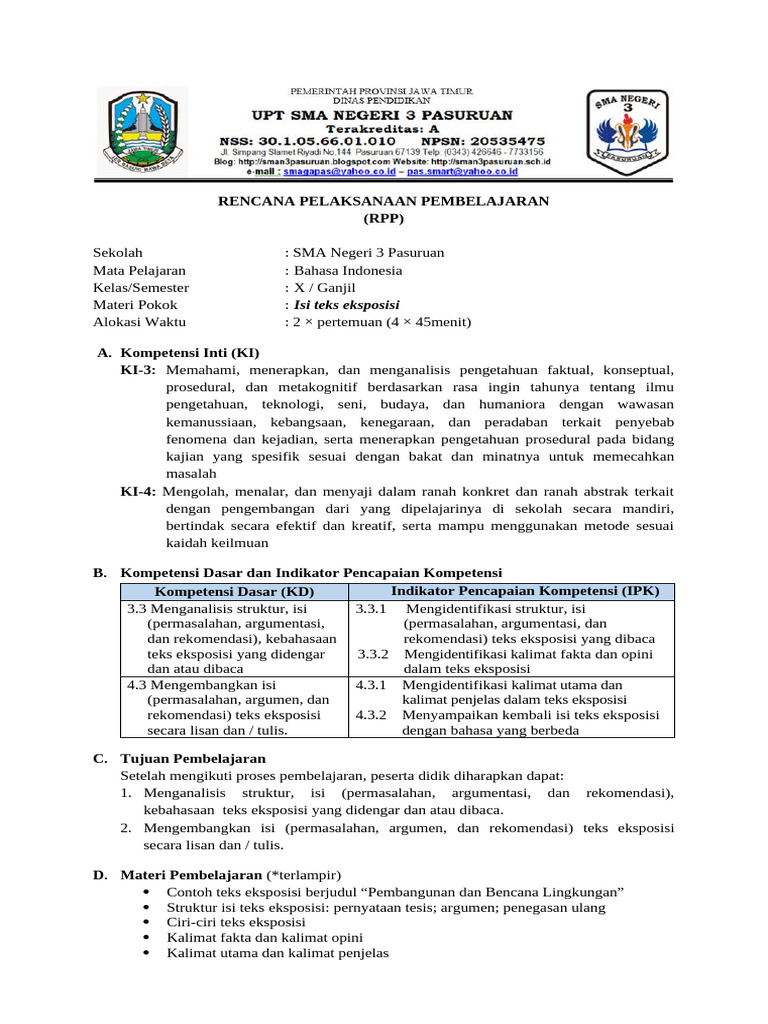 RPP 3.3 & 4.3 Eksposisi | PDF