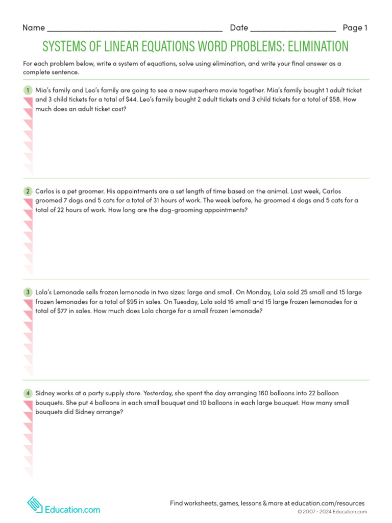 Systems of Linear Equations Word Problems Elimination | PDF