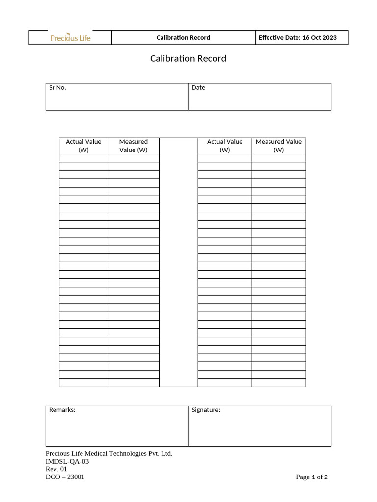 IMDSL-QA-03 Calibration Record | PDF