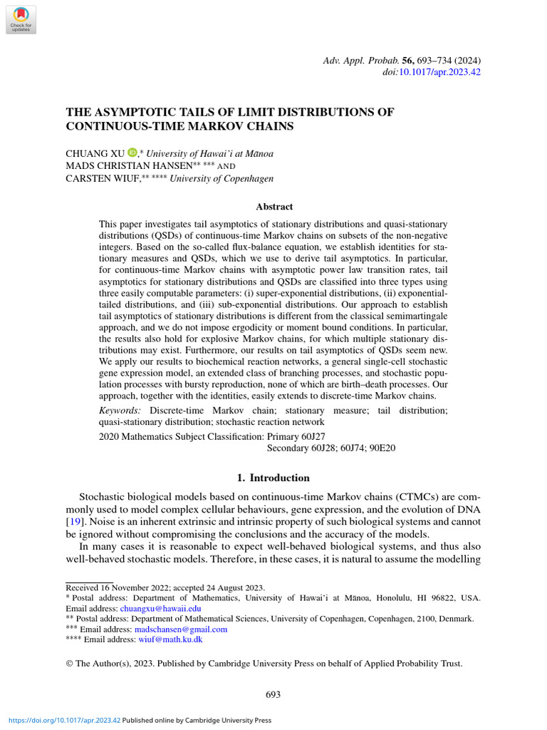 The Asymptotic Tails of Limit Distributions of Continuous Time Markov Chains | PDF | Markov ...