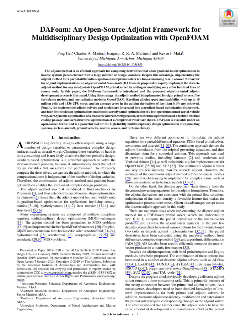 Dafoam An Open Source Adjoint Framework For Multidisciplinary Design Optimization With Openfoam