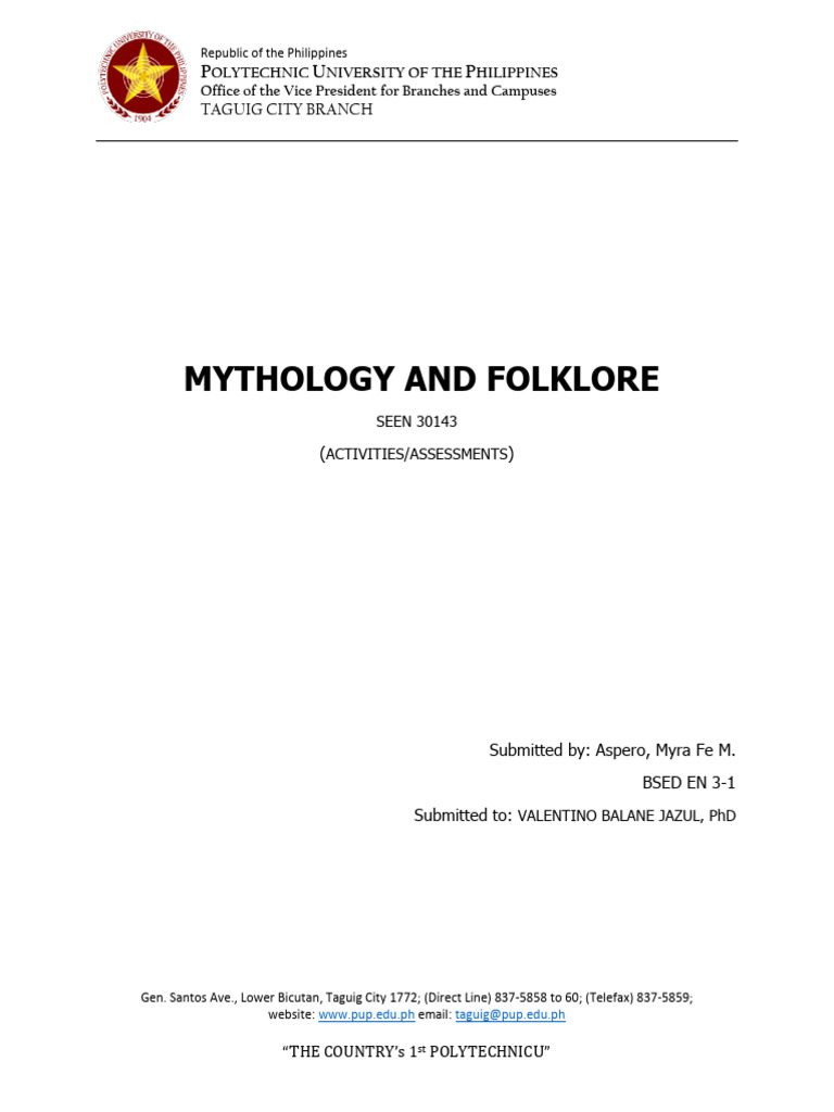 Mythology and Folklore Assessment 1 | PDF