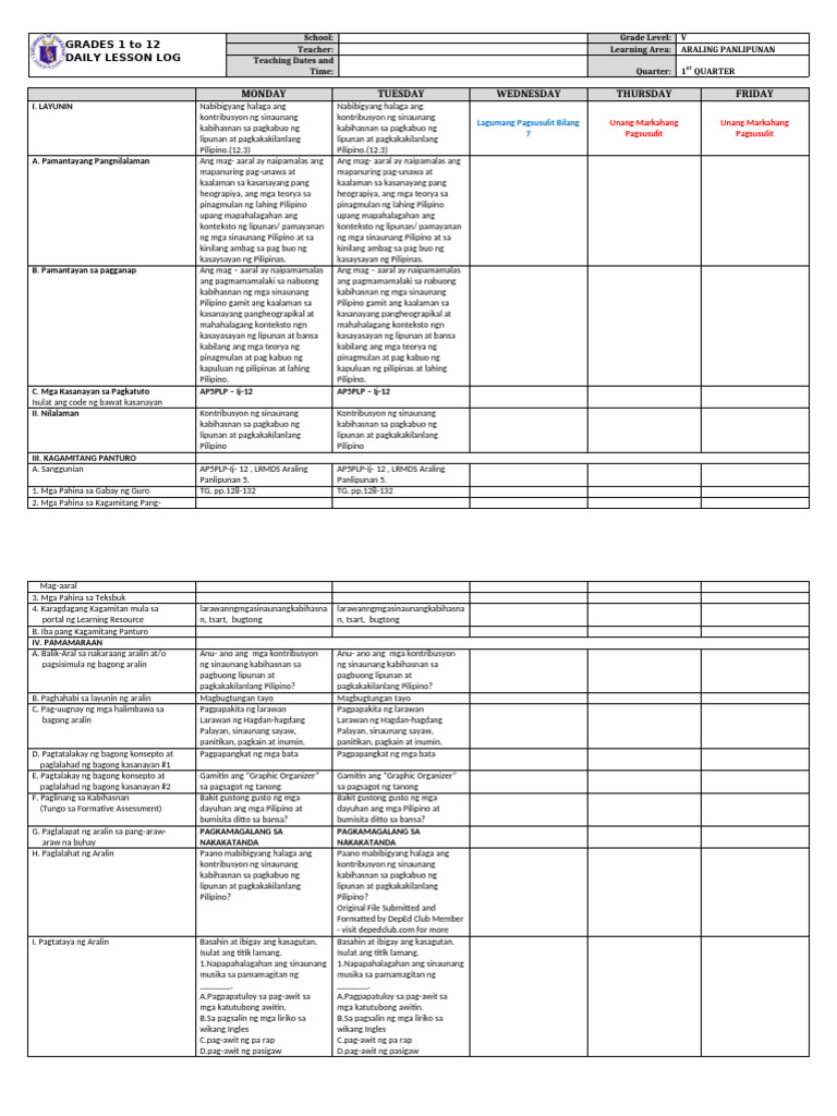 DLL - Araling Panlipunan 5 - Q1 - W10 | PDF