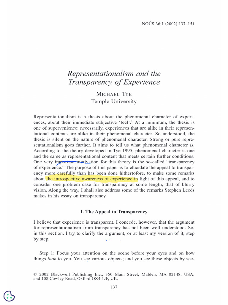 Representationalism and The Transparency of Experience | PDF