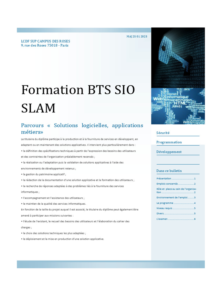 Bulletin D'information FORMATION SIO SLAM 2023 | PDF