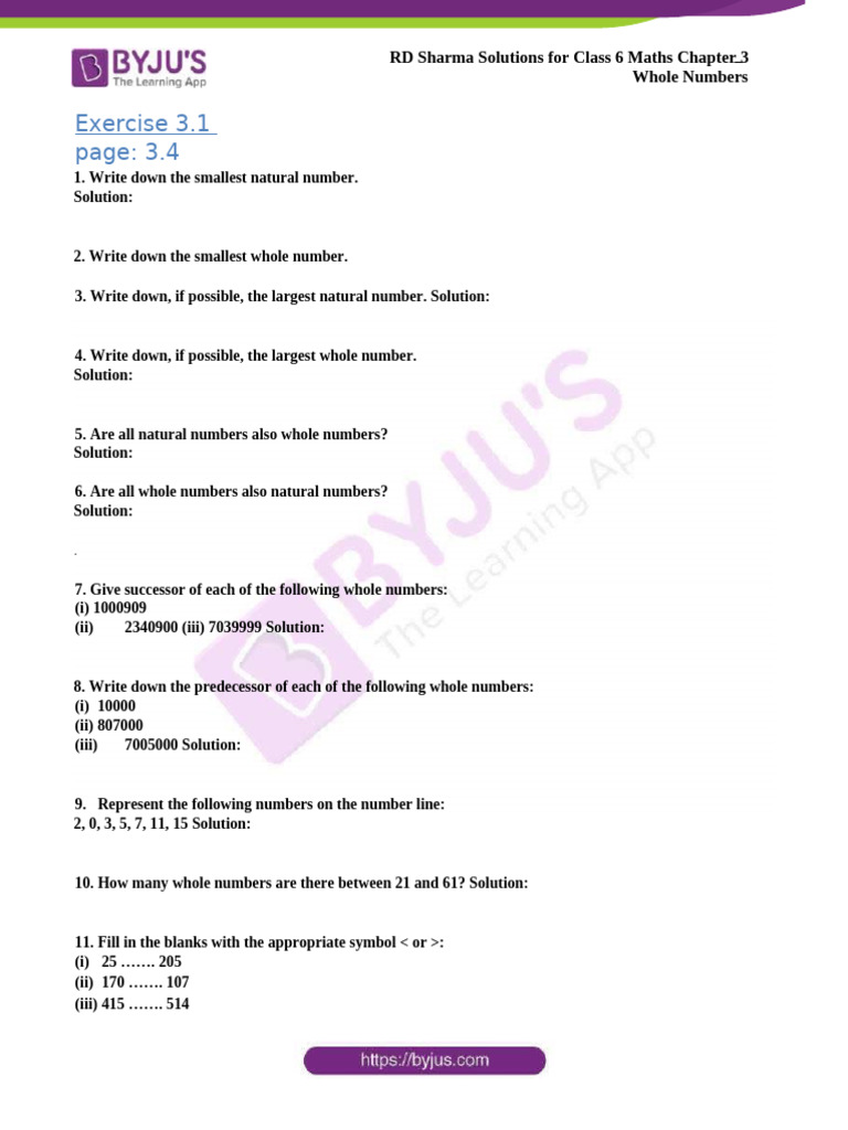 RD Sharma Class 6 Maths Solutions Chapter 3 Ex 1 | PDF