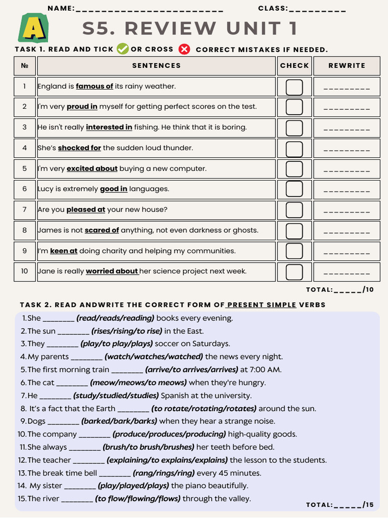 S5 W8 Review Unit 1 Grammar Tham Khao | PDF