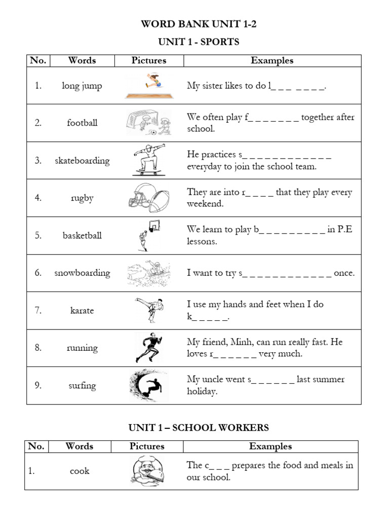 s4 - word-Bank-unit-1-2. Bảng Luyện Tập Từ Vựng | PDF