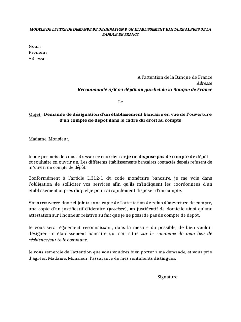 Modele de Lettre Banque de France Droit Au Compte | PDF