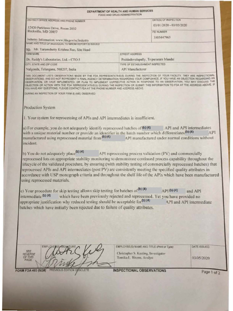 Dr. Reddy's Laboratories CTO 5 Nalgonda, Telangana, India 3-1 Thru 5-20 - 483 | PDF