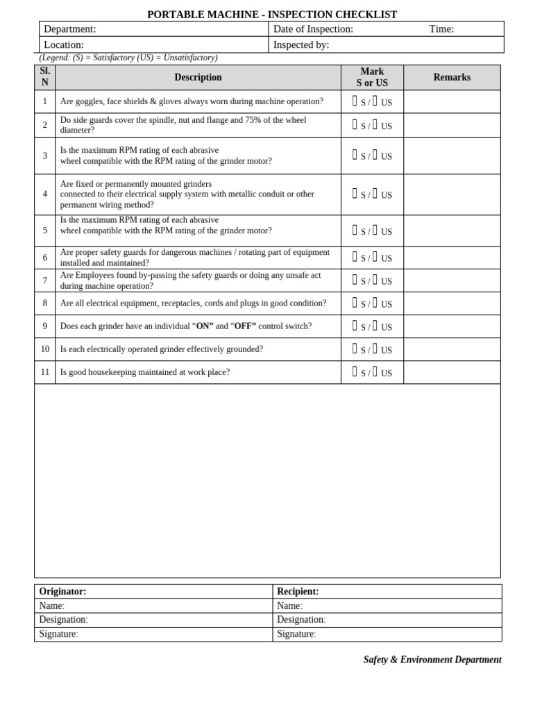 Portable Machine Inspection Checklist | PDF