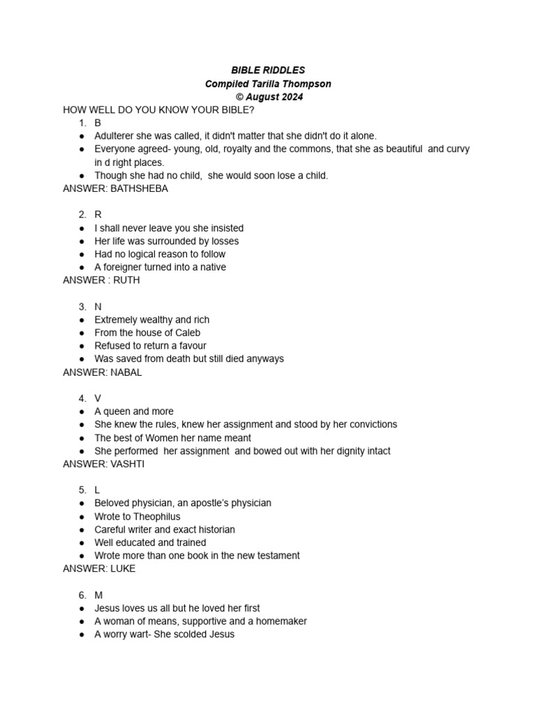 BIBLE RIDDLES by Tarilla Thompson © AUGUST 2024 | PDF