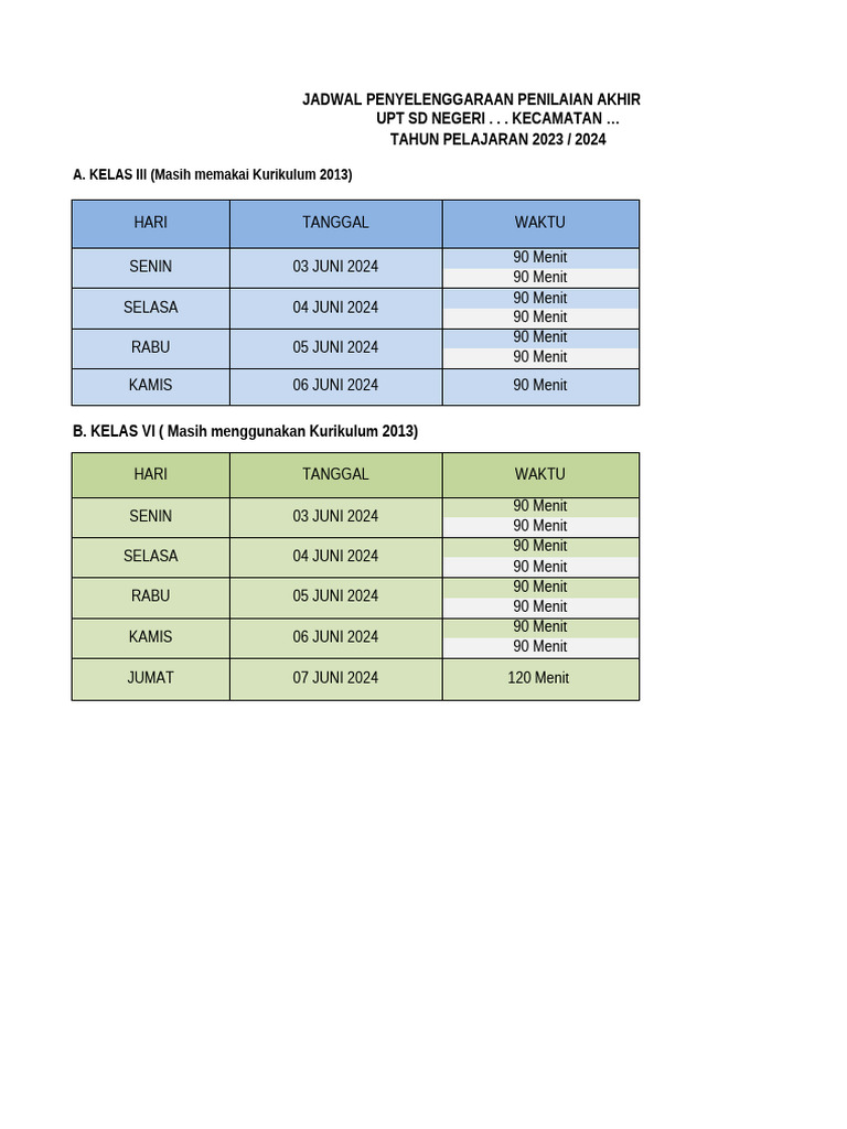 JADWAL SAS DAN PAT (Kelas 1-6 TH 2024) GUGUS 3 PGREJO | PDF
