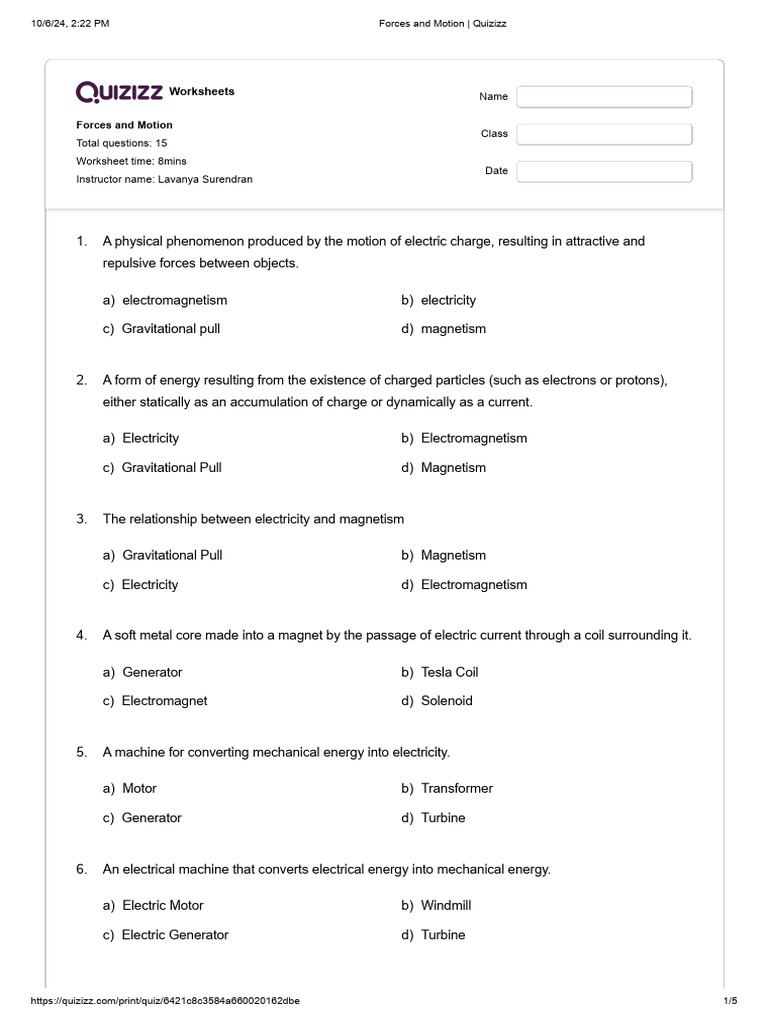 Forces and Motion Quiz Worksheet | PDF | Force | Science & Mathematics