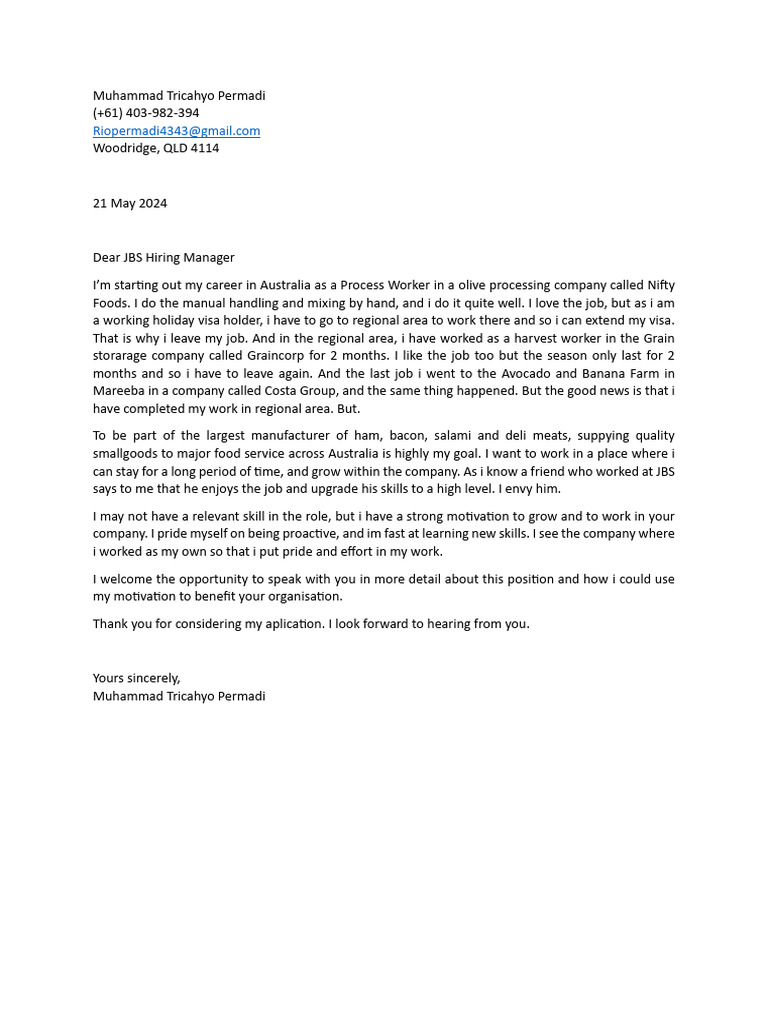 Cover Letter JBS | PDF