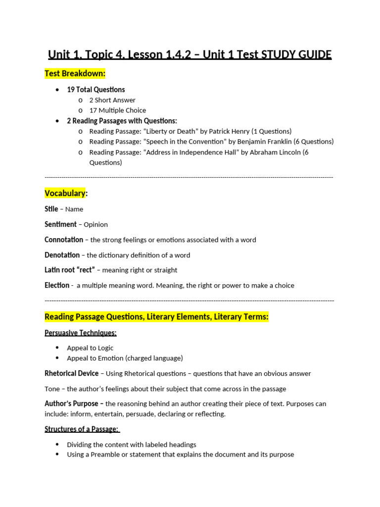 Unit 1 Test - Lesson 1.4.2 - Study Guide | PDF