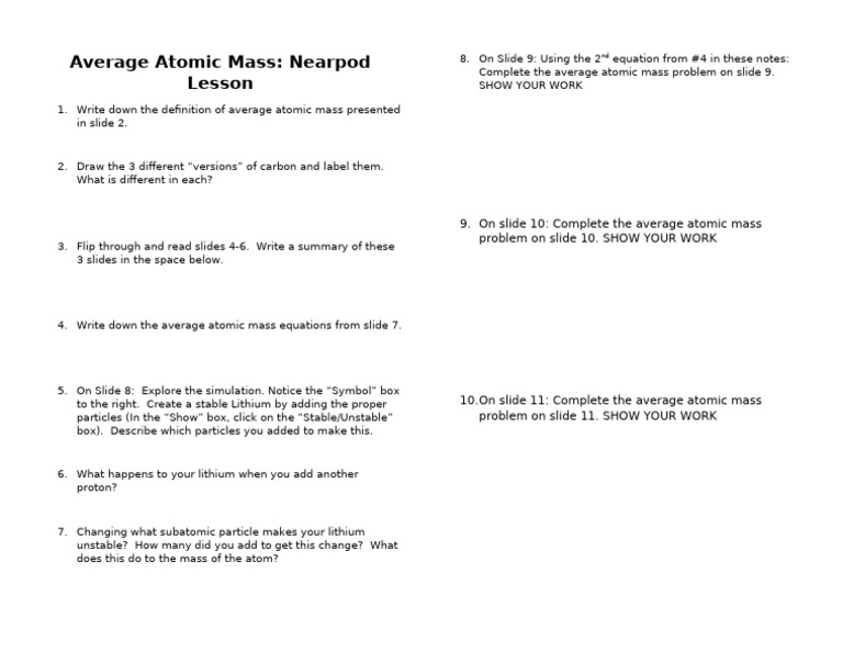 Average Atomic Mass - Nearpod Mine - NB | PDF
